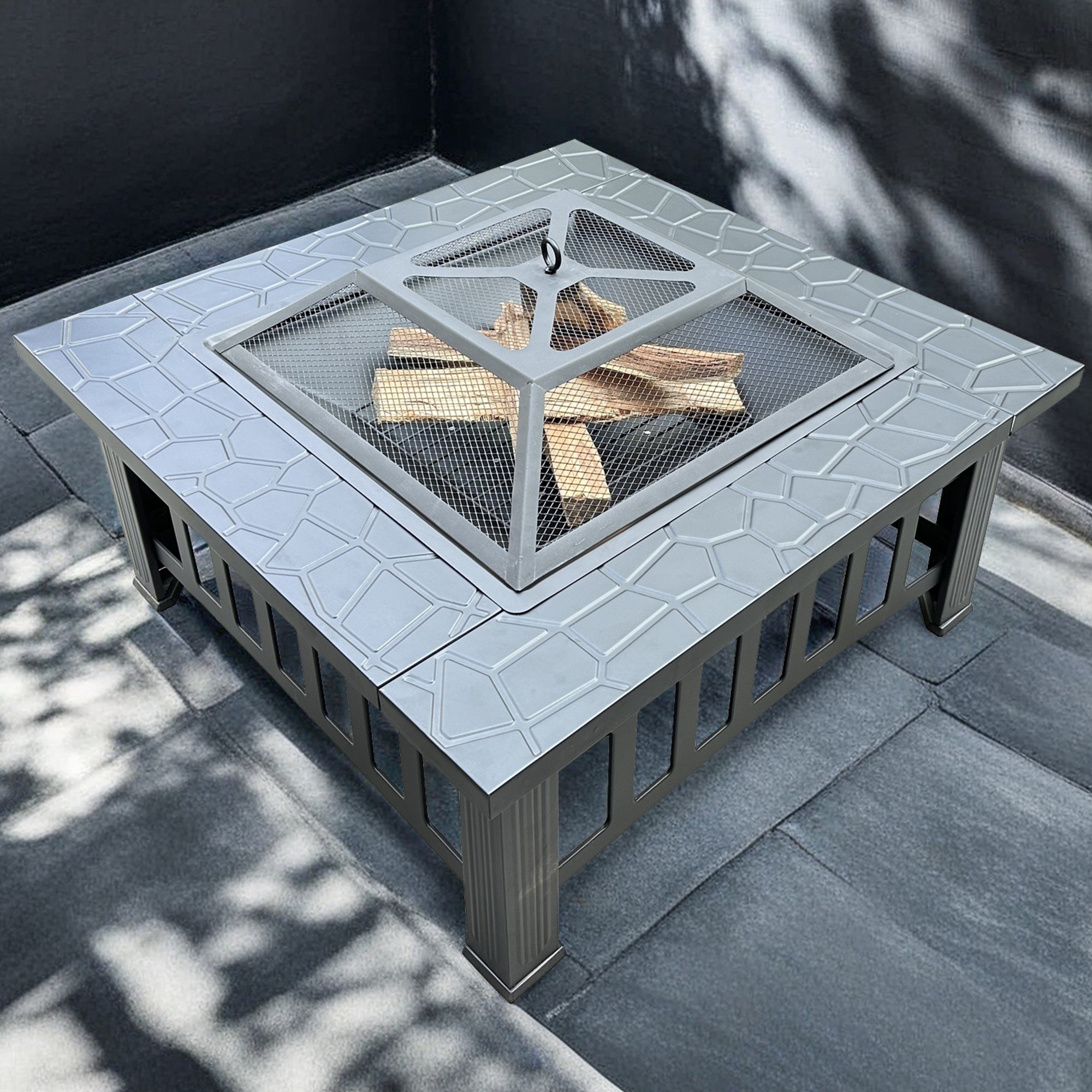 Lark Manor™ 32" Square Fire Pit & Outdoor Fireplaces, Burning Wood Fire Pits Table With Screen ...